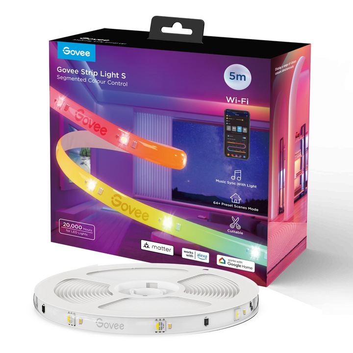 Banda LED inteligenta Govee H612A RGBICW, Wi-Fi, Bluetooth, Matter, 24W ...