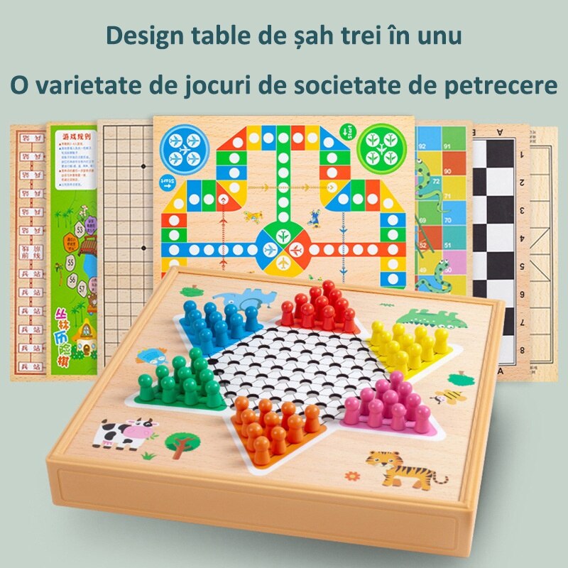 Set de Jocuri de Societate Stnqtsrv, Jucarie educativa din lemn natural eco pentru copii, 3 in 1 ...