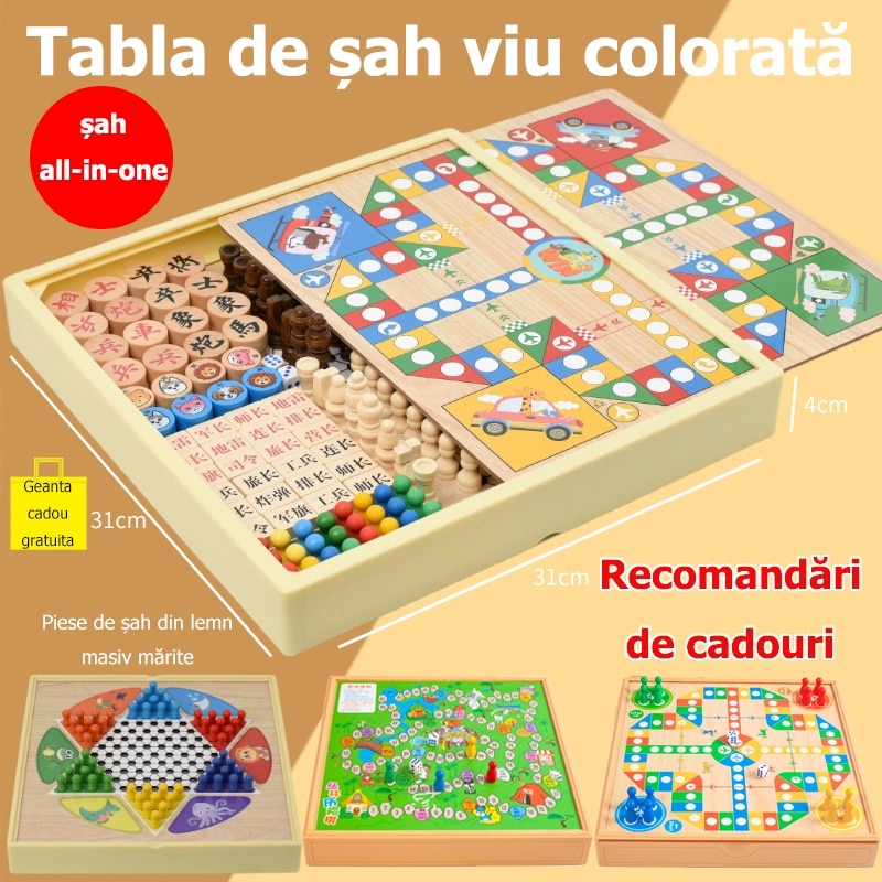 Set de Jocuri de Societate Stnqtsrv, Jucarie educativa din lemn natural eco pentru copii, 3 in 1 ...