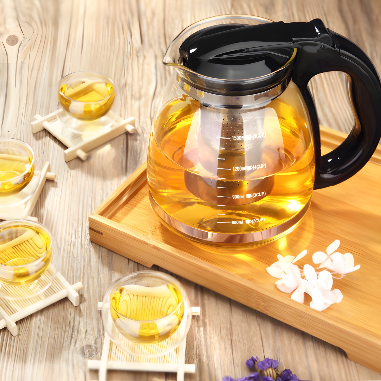 Ceainic cu Infuzor Retoo din Sticla si INOX, 2L, cu Pahar de Masurare ...
