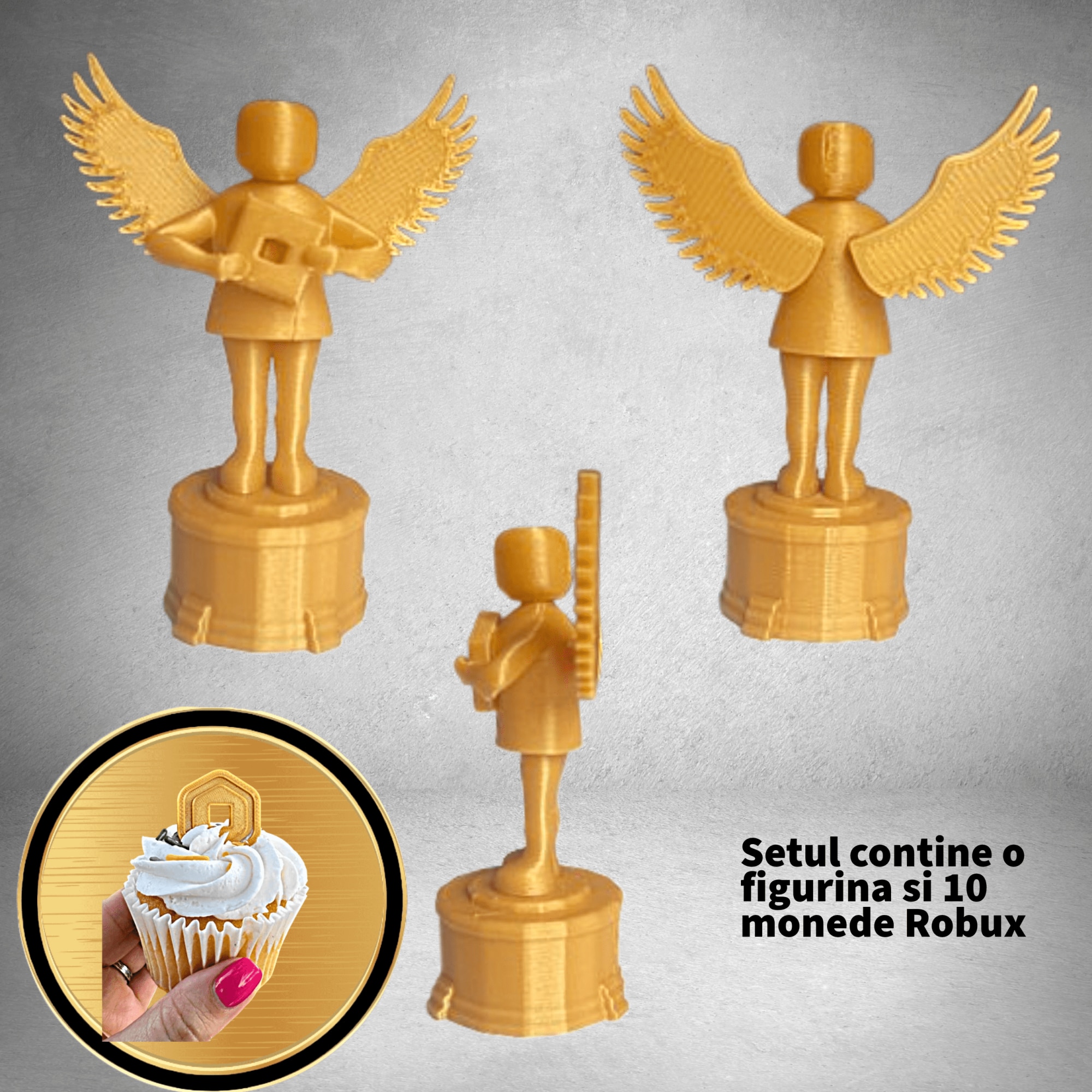 Set 11 piese, Figurina Roblox Award si 10 Monede Robux, Auriu, Plastic ...