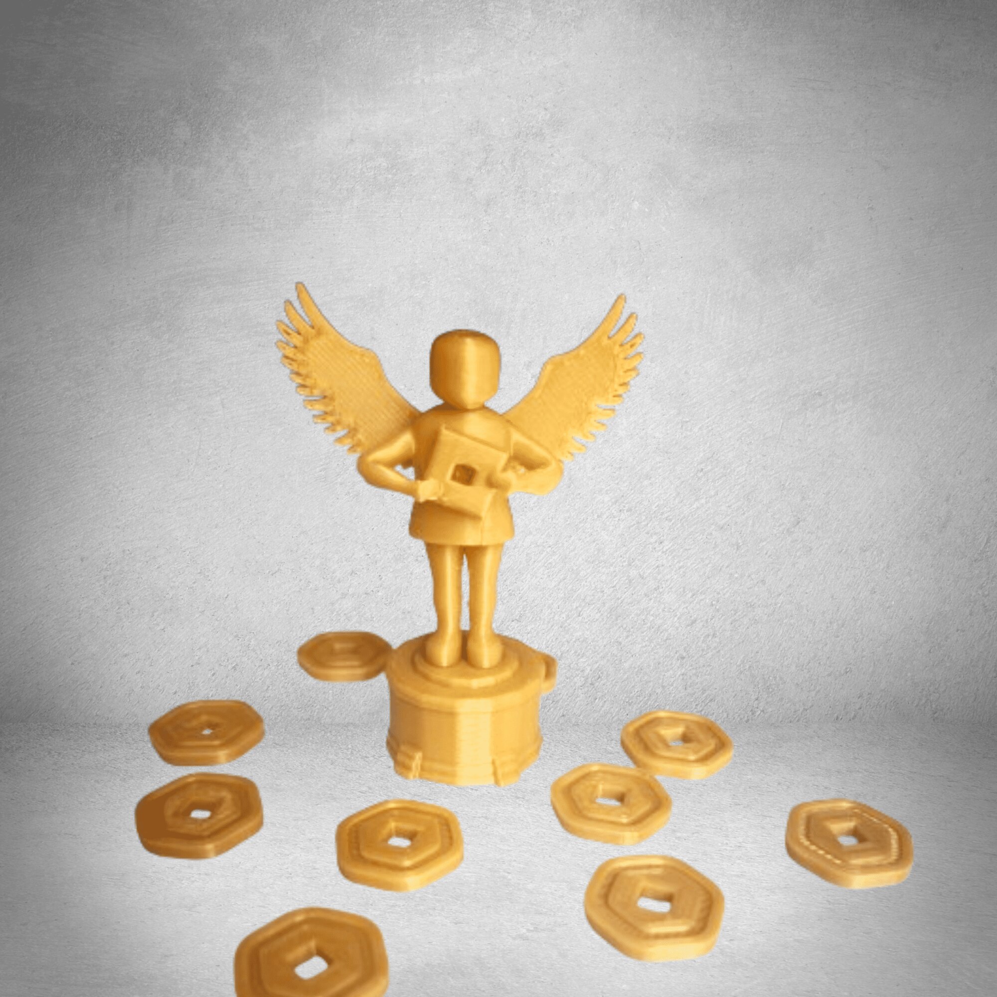 Set 11 piese, Figurina Roblox Award si 10 Monede Robux, Auriu, Plastic ...