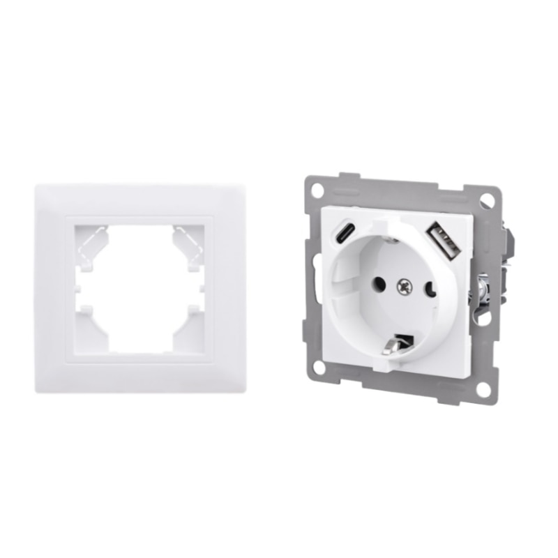 Priza Perete cu Rama Integrata, Porturi USB-C + USB-A, Protectie ...