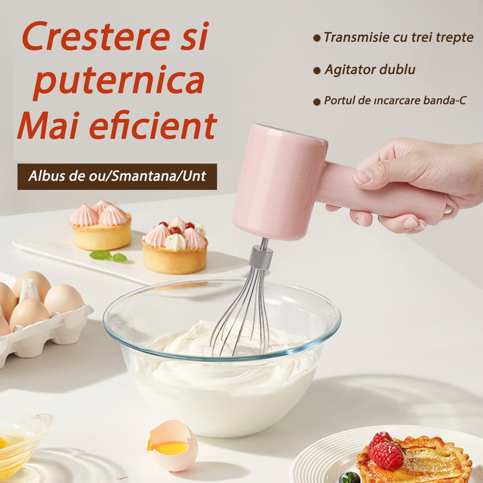 Mixer de mana, 3 viteze, incarcare USB, roz, 20W - eMAG.ro