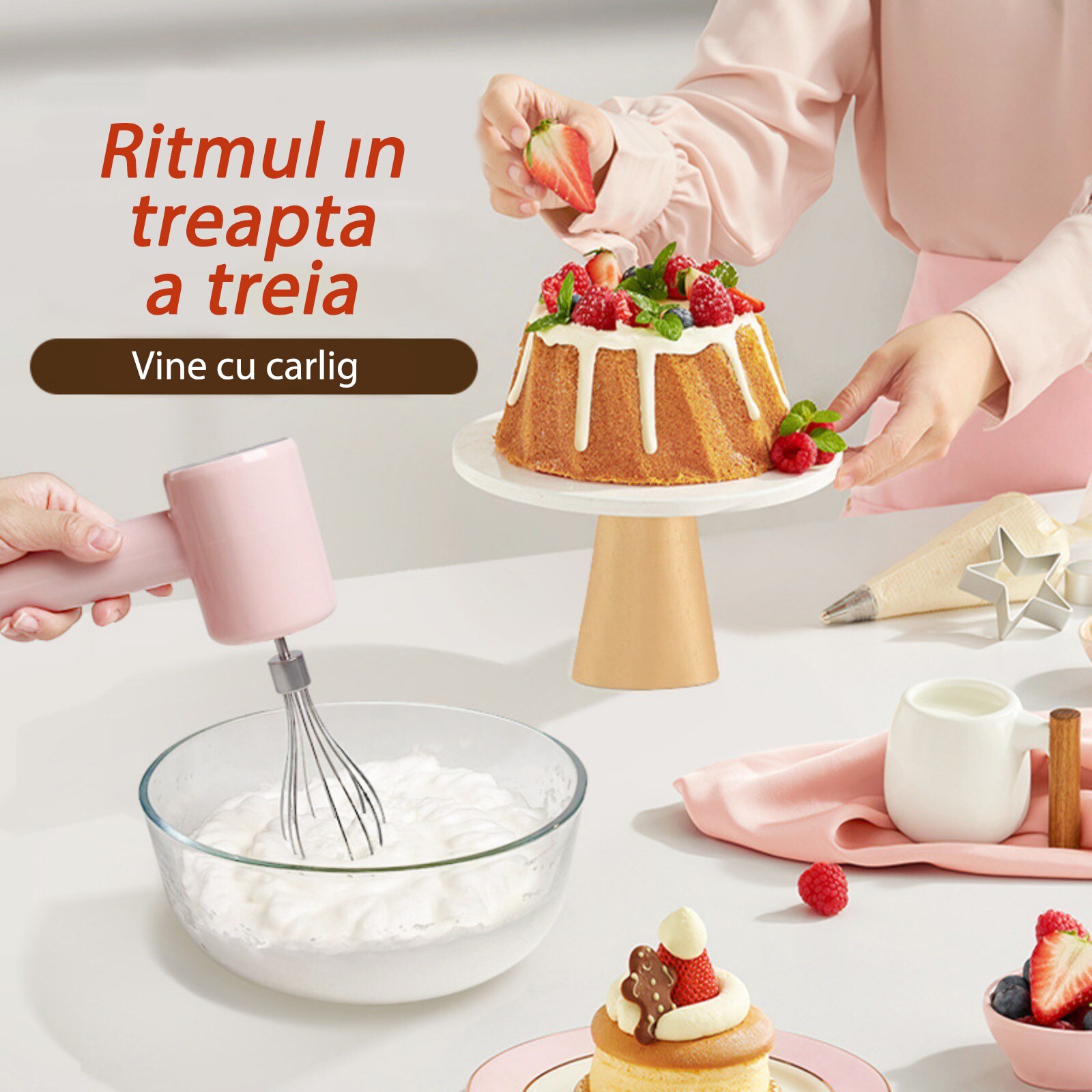 Mixer de mana, 3 viteze, incarcare USB, roz, 20W - eMAG.ro