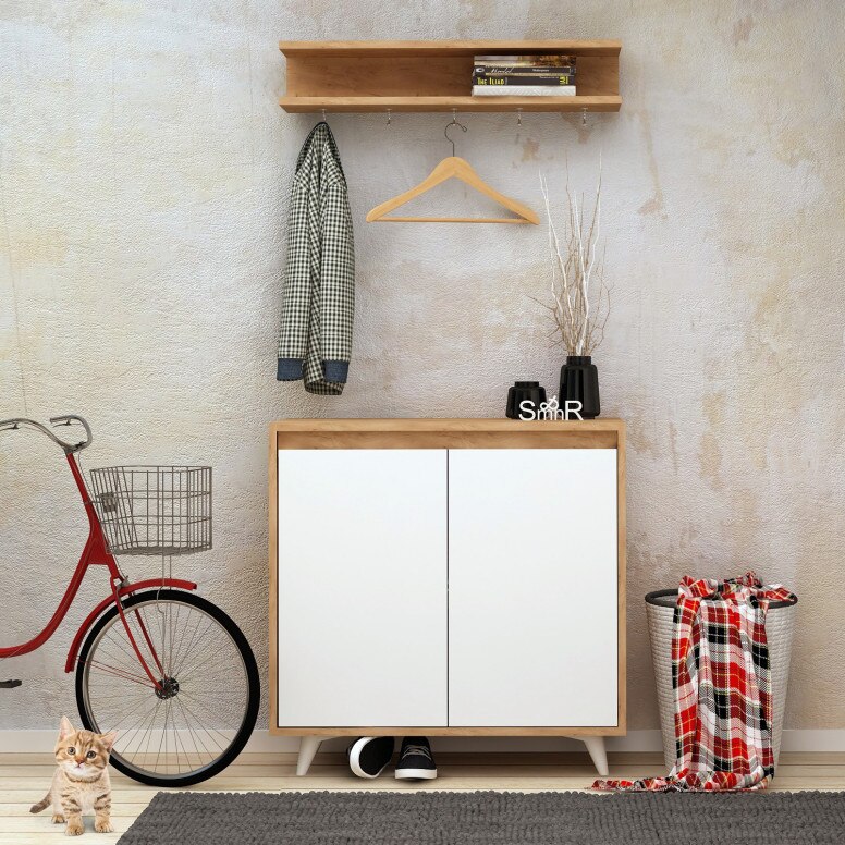 Cuier hol cu dulap Model Obsoyo, Stejar/Alb, 80x35x100 cm - eMAG.ro
