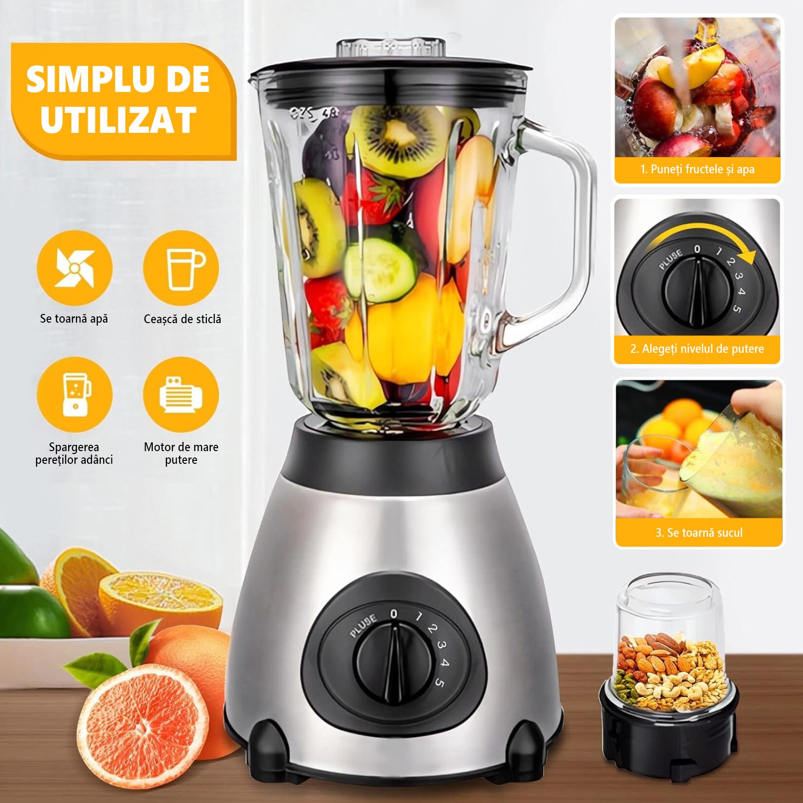Blender 2 in 1 cu rasnita de cafea, 3 viteze, lama inox, antiderapant ...