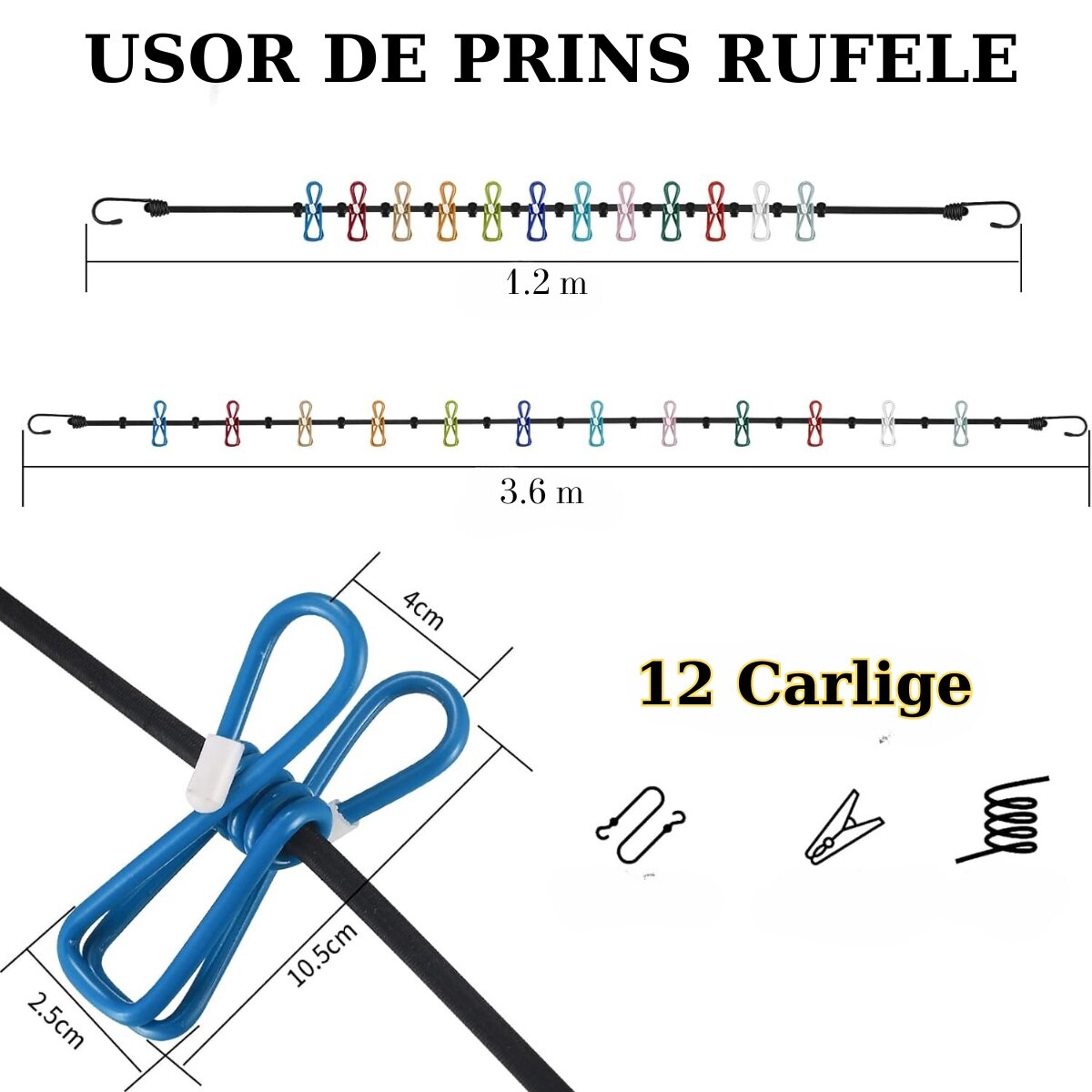 Sfoara Portabila de Uscat Rufe cu 12 Clipsuri Colorate pentru Camping ...