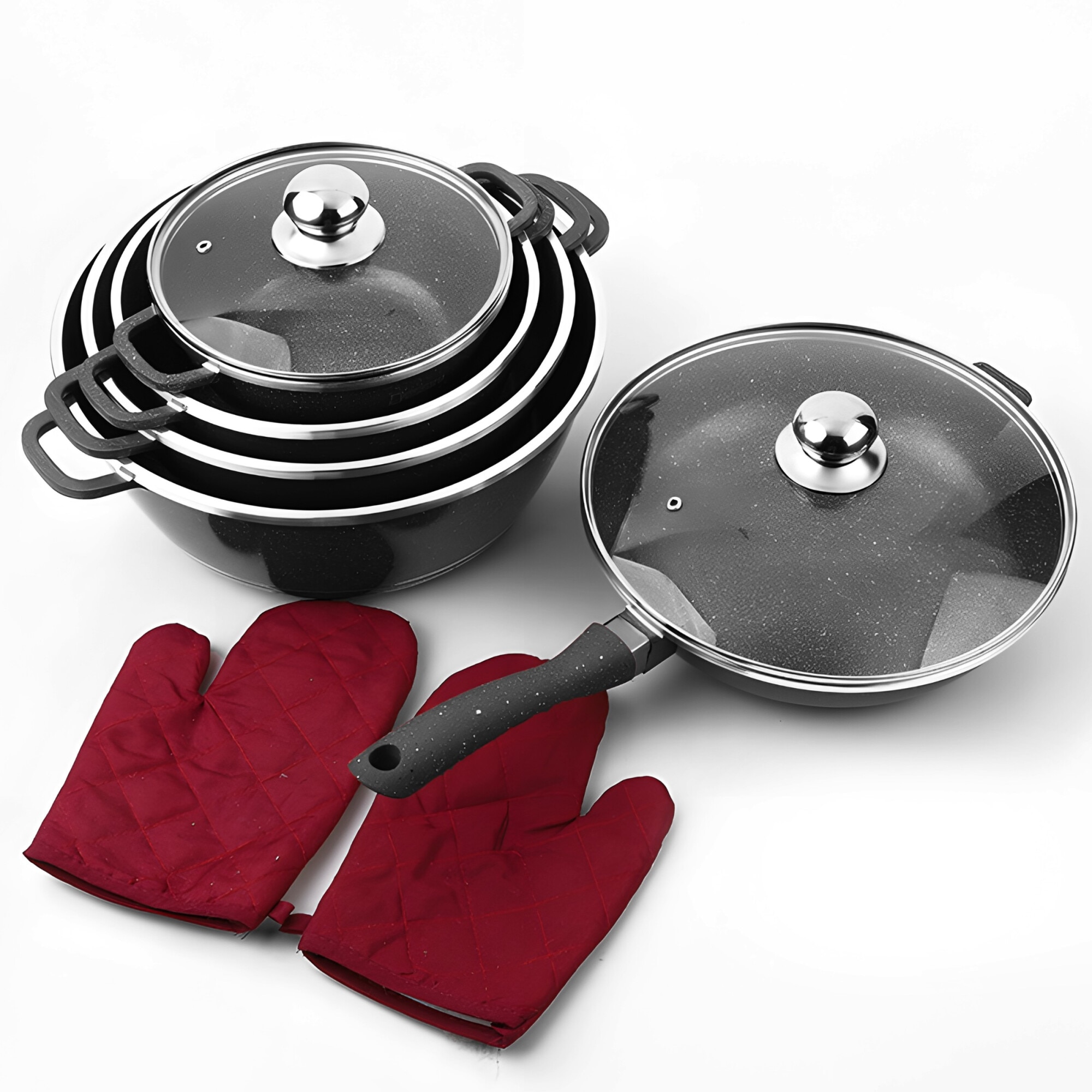 Set Gatit 12 piese Retoo Granit, Tigaie 28cm si Oale 20/24/28/32cm cu Invelis Ceramic si Capace ...