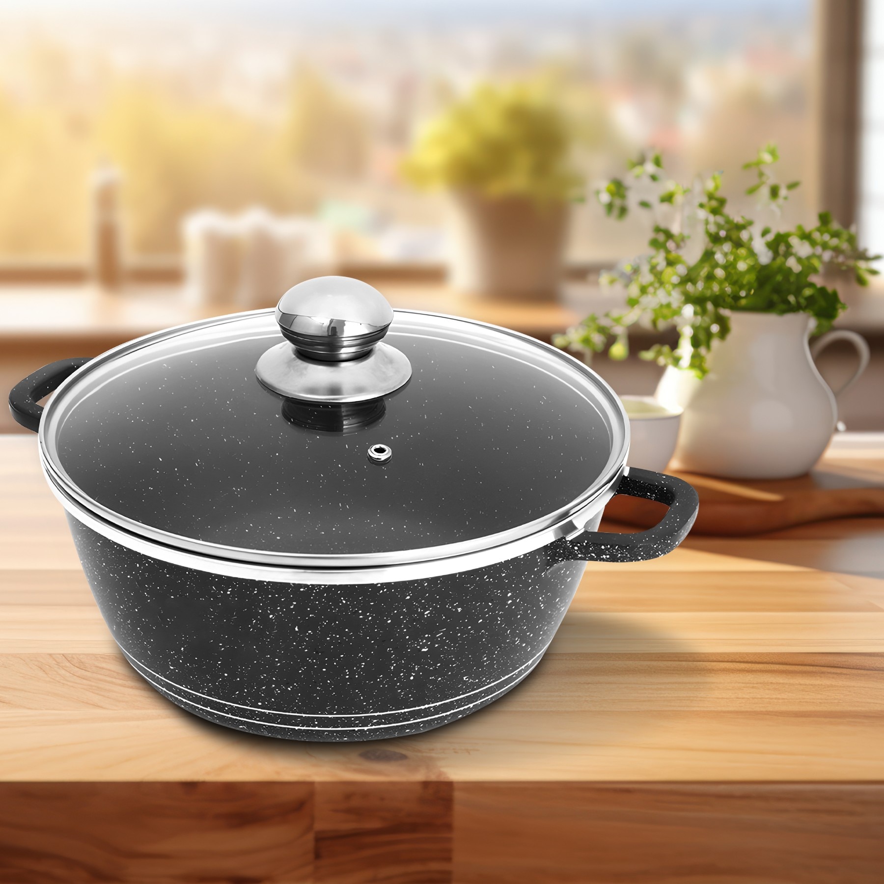 Set Gatit 12 piese Retoo Granit, Tigaie 28cm si Oale 20/24/28/32cm cu Invelis Ceramic si Capace ...