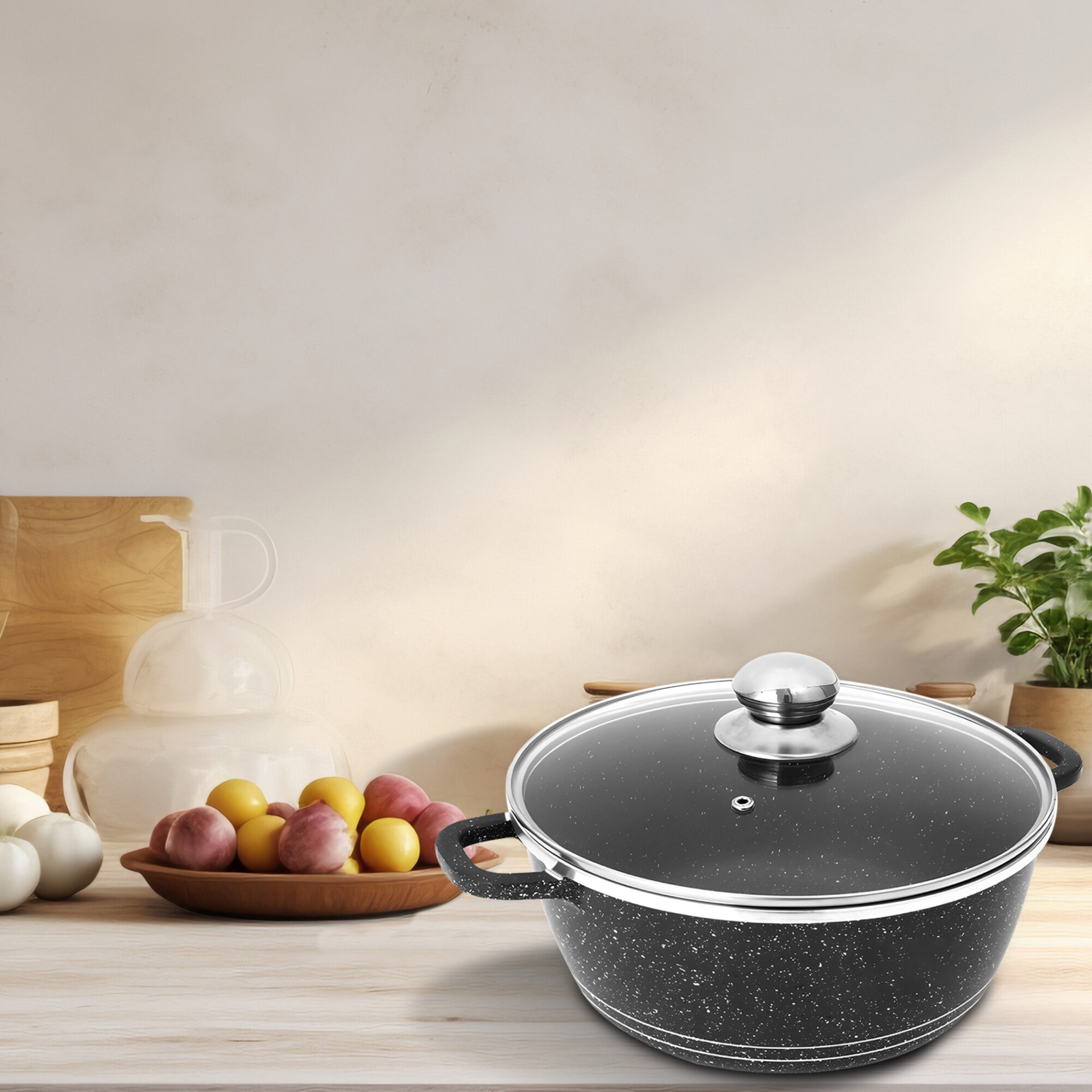 Set Gatit 12 piese Retoo Granit, Tigaie 28cm si Oale 20/24/28/32cm cu Invelis Ceramic si Capace ...