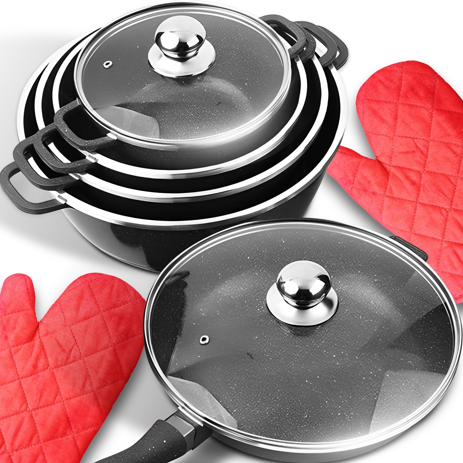 Set Gatit 12 piese Retoo Granit, Tigaie 28cm si Oale 20/24/28/32cm cu Invelis Ceramic si Capace ...