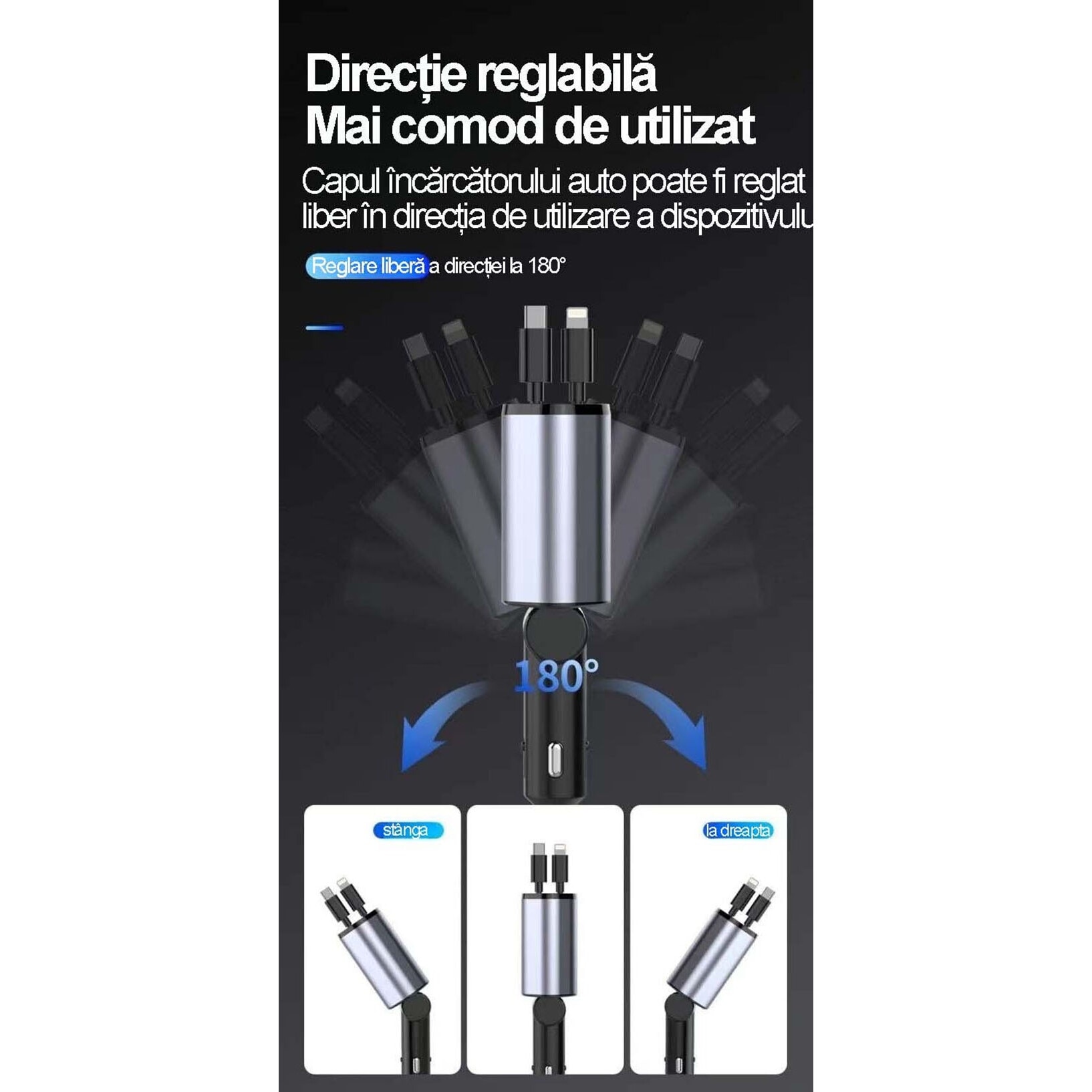 Incarcator auto 120W Super Fast Charge, Cablu Retractabil Type-C ...