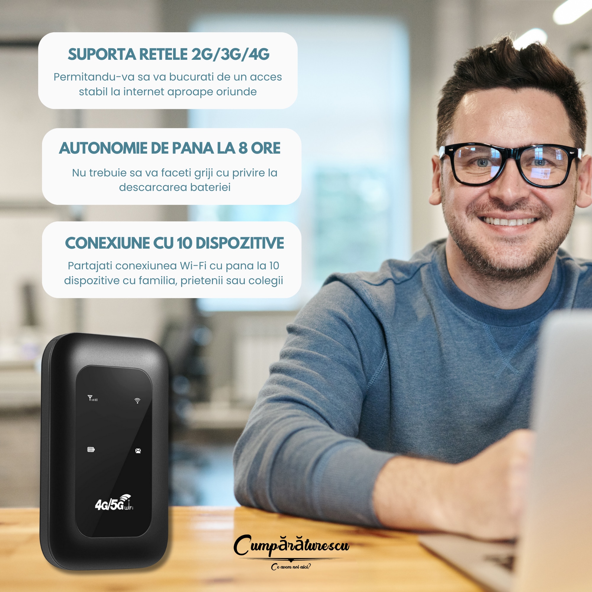 Router WiFi 2G/3G/4G, Cumparaturescu, cu slot SIM pentru cartela ...
