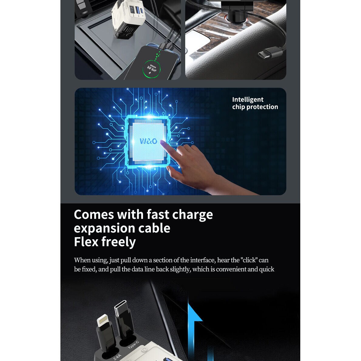 Incarcator auto retractabil, 120W 4-in-1, USB C, incarcare rapida ...