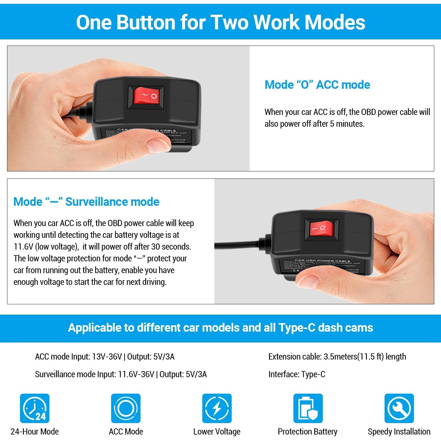 Cablu de alimentare OBD la Type-C pentru camera de bord, monitorizare 24 de ore/mod ACC, cablu ...