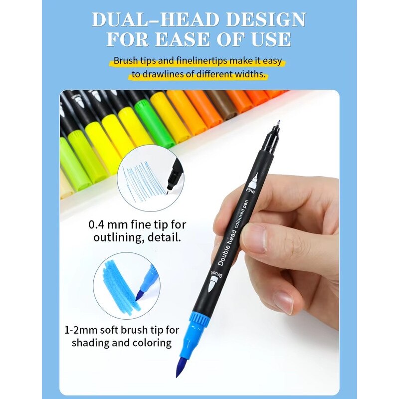 Set de 24 de carioci acuarela brush pen, capete duble, cerneala pe baza ...