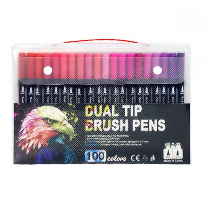 Set de 100 de carioci acuarela brush pen, capete duble, cerneala pe ...