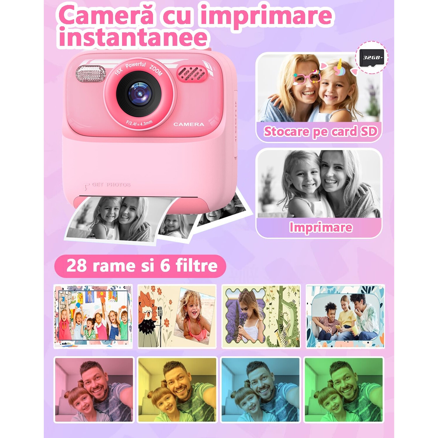 Camera digitala pentru copii cu imprimare instantanee, HEILU, Ecran de ...