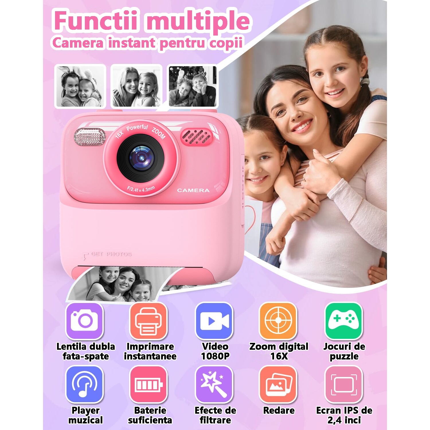 Camera digitala pentru copii cu imprimare instantanee, HEILU, Ecran de ...