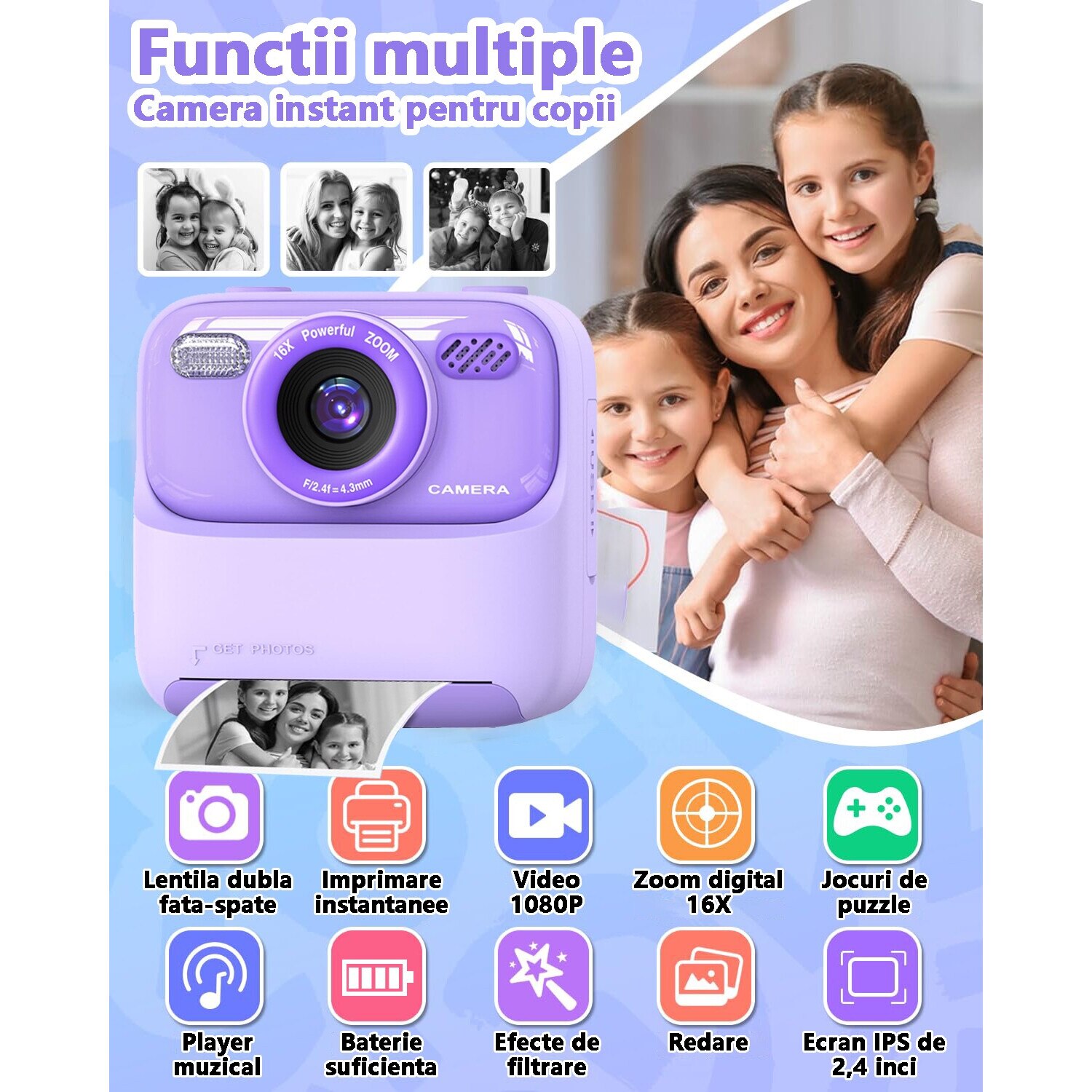 Camera digitala pentru copii cu imprimare instantanee, HEILU, Ecran de ...