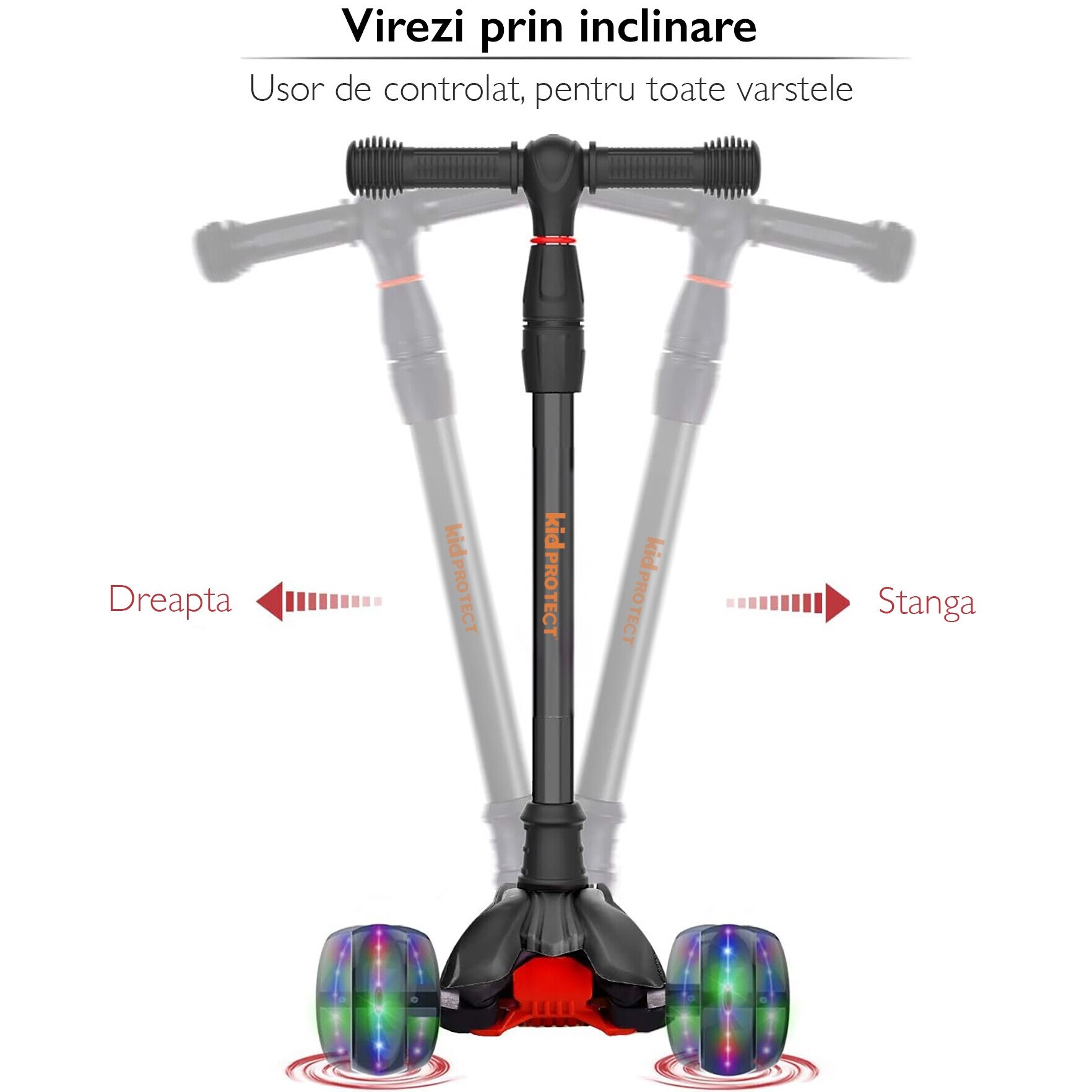 Trotineta Copii KidProtect® KidGlider, 3 - 12 Ani, Pliabila, Lumini ...