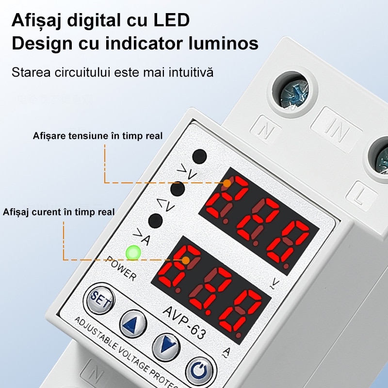 Releu monofazic reglabil, Rqiurpn, afisaj dublu LED, 63A, protectie supratensiune si ...