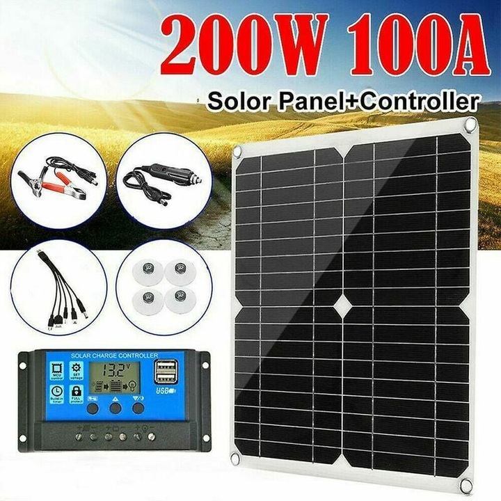 Kit panou solar 200W, Cozevdnt, 12V, 60A, negru, cu controler - eMAG.ro