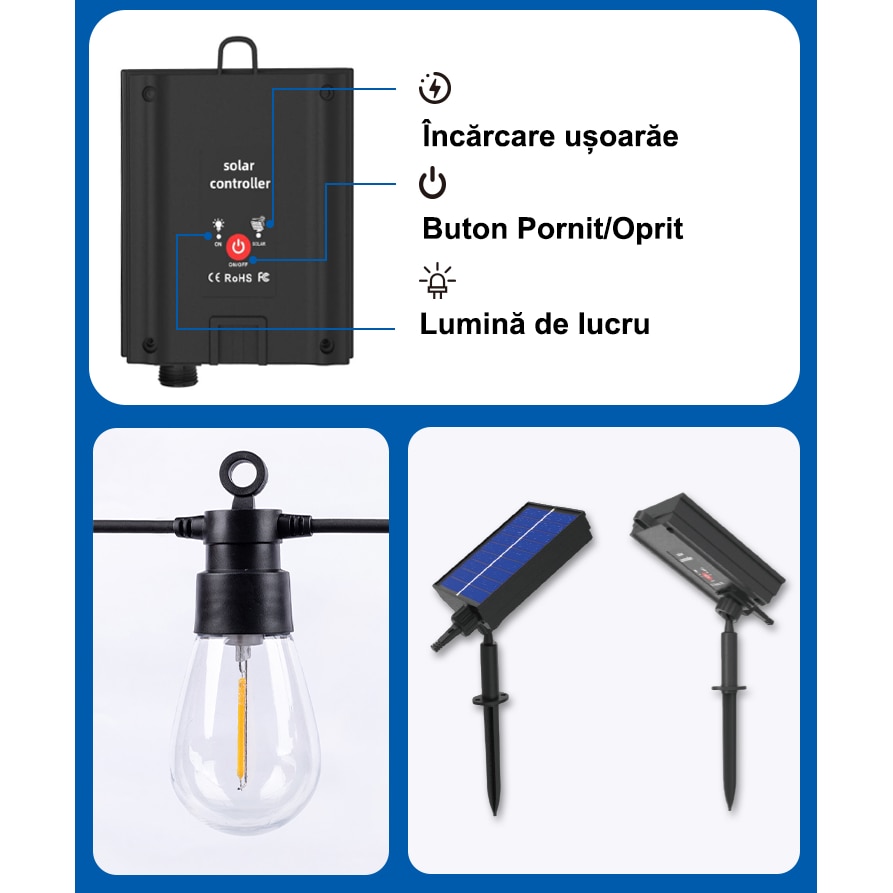 Lampi de exterior, agatare, 2700K, 10 becuri LED Edison, IP44, 6.5m ...