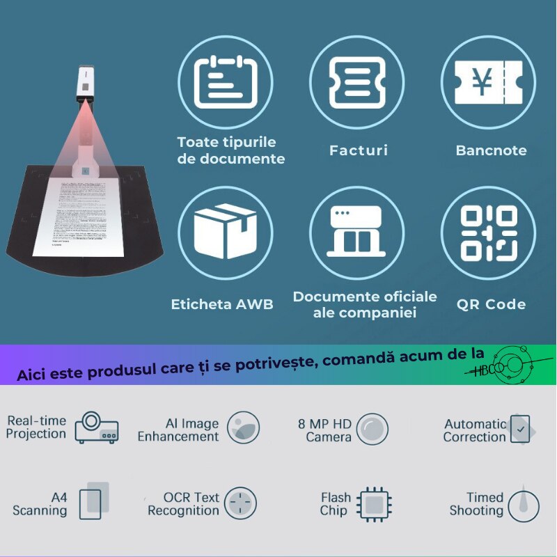 Scanner HBCO® T8 PLUS, Senzor HD, 8M Pixeli, Rezolutie IRIS, AI Text si ...