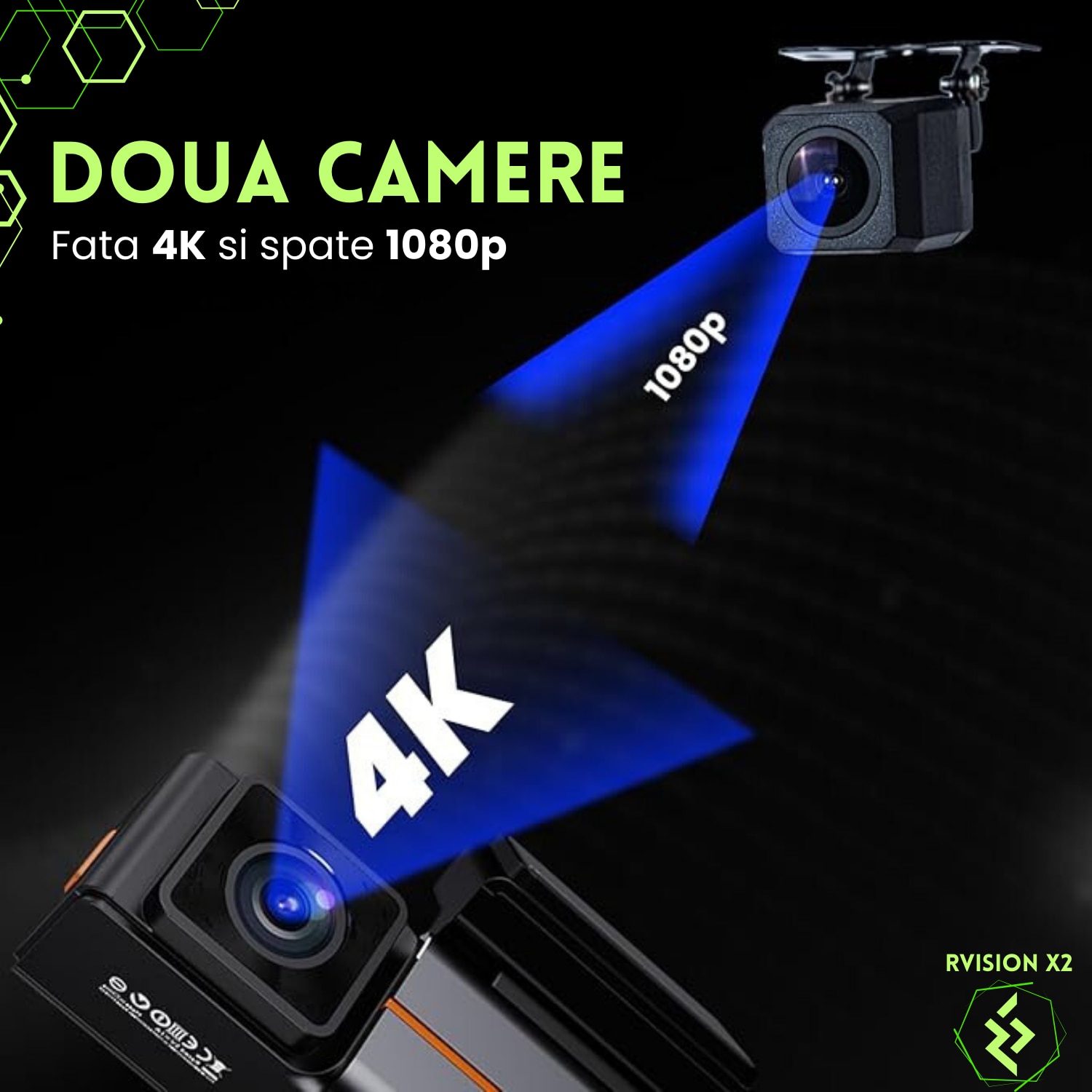 Camera Auto DVR Evolve-x® RVision X2, de bord, 4K Ultra HD 2160p, Wi-Fi ...