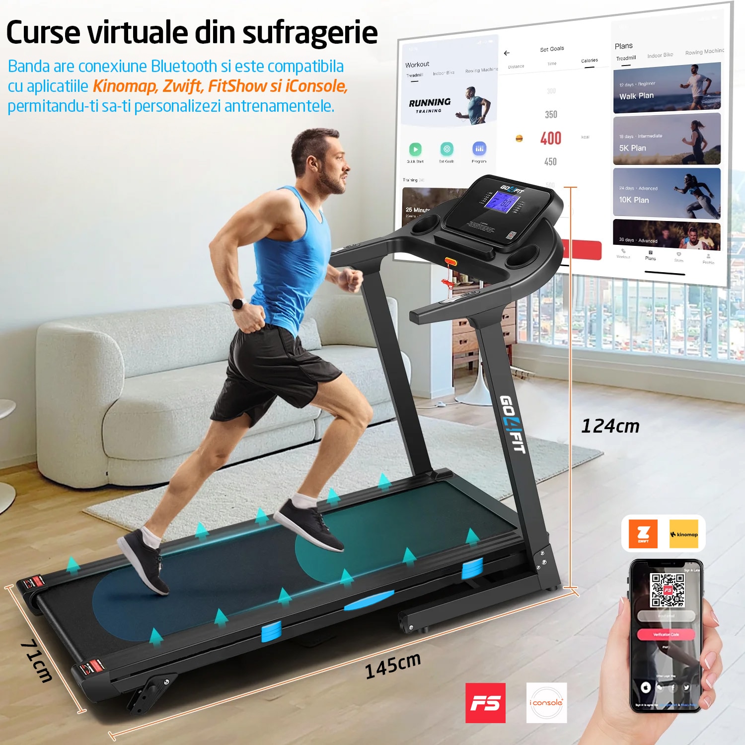 Banda de Alergat GO4FIT® Model FIT100, Viteza Maxima 16km/h, Motor 3 ...