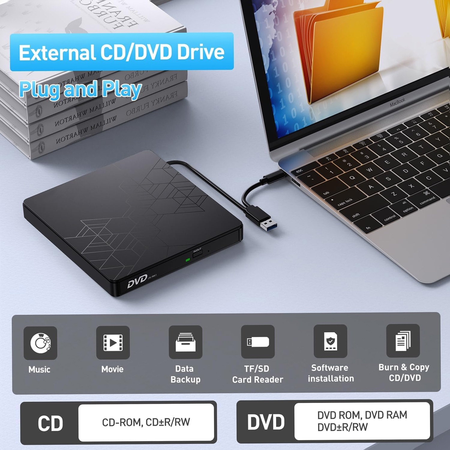 DVD Writer Extern, Excitat®, Cablu USB 3.0/Type-c, plug and play ...