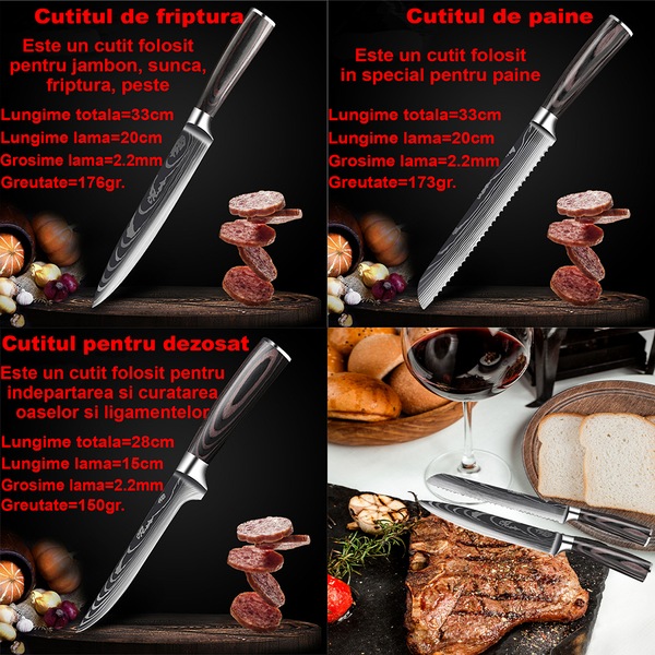 Set cutite profesionale, 10 piese, maner Deluxe Pakkawood, din otel ...