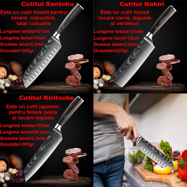 Set cutite profesionale, 10 piese, maner Deluxe Pakkawood, din otel ...