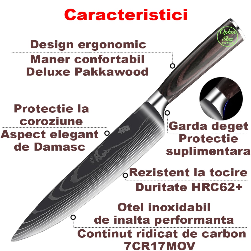 Set cutite profesionale, cu suport magnetic, 5 cutite, maner Deluxe ...