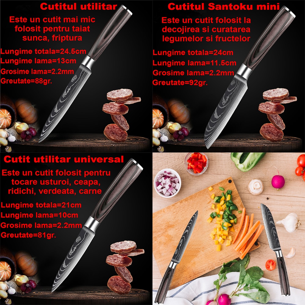 Set cutite profesionale, 10 piese, maner Deluxe Pakkawood, din otel ...