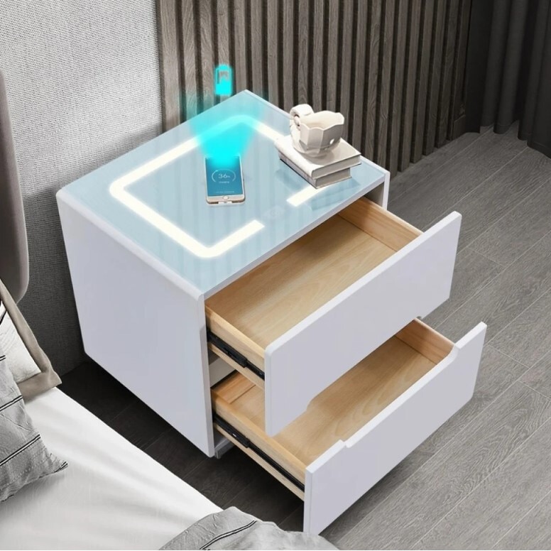 Noptiera Smart Multifunctionala cu Incarcare Wireless si USB, 2 sertare ...