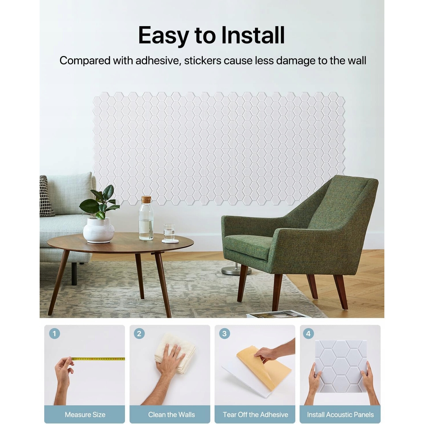 Set de 12 panouri acustice autoadezive hexagonale, SBAY, poliester ...