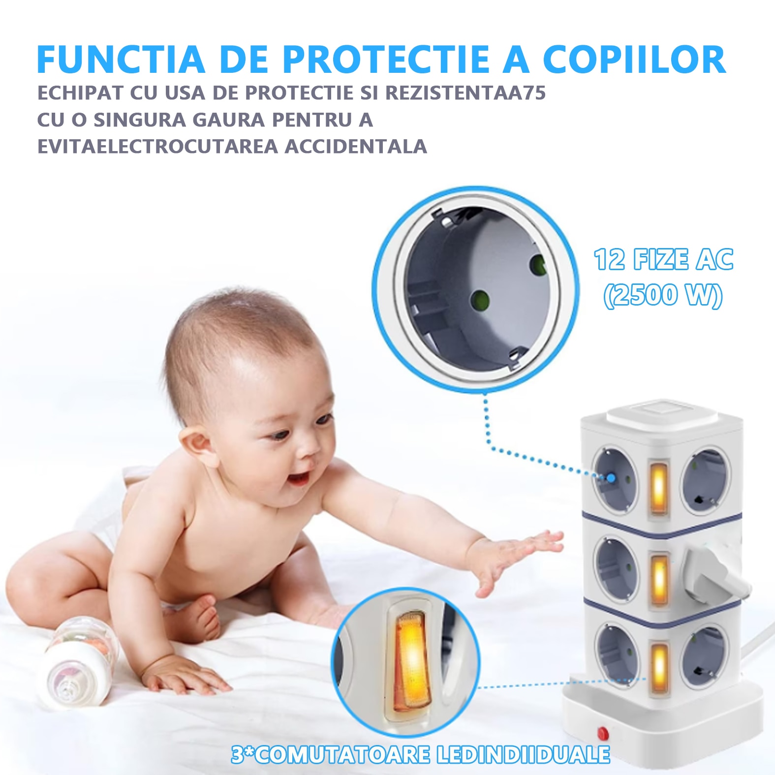 Prelungitor turn, 12 Prize 4USB Porturi, incarcare rapida, comutator ...