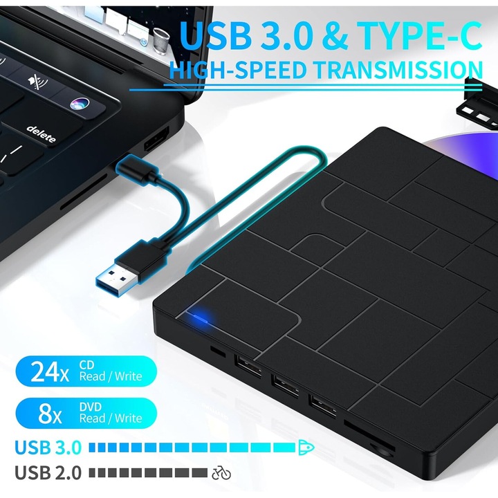Unitate optica CD/DVD externa Slim, Puepoul, USB 3.0, CD, DVD +/-, RW ...