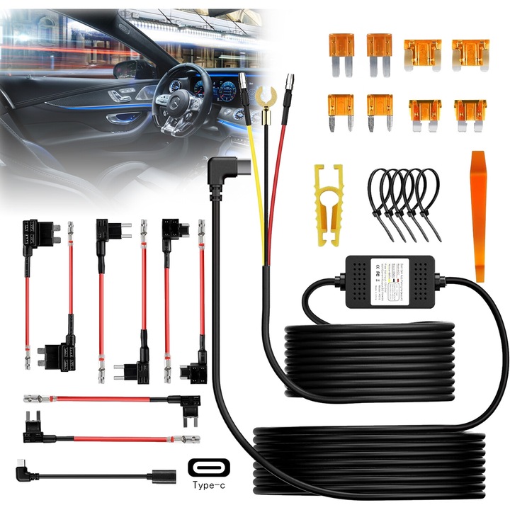 Kit de cabluri pentru camera de bord, Puepoul, Lungime cablu 3.5m, cu transformator 12-24V la ...