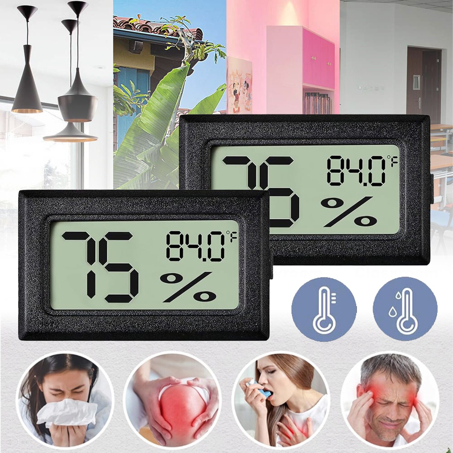 Set 2 termometre si higrometre de camera, Puepoul, Digital, Afisaj LCD ...