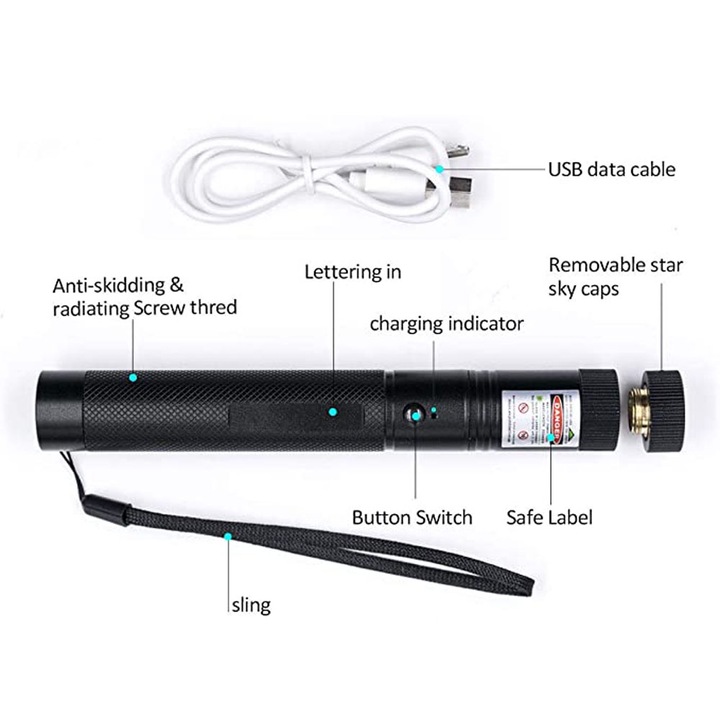 Laser pointer, verde, focalizare ajustabila, raza 10km, negru, 22x160mm ...