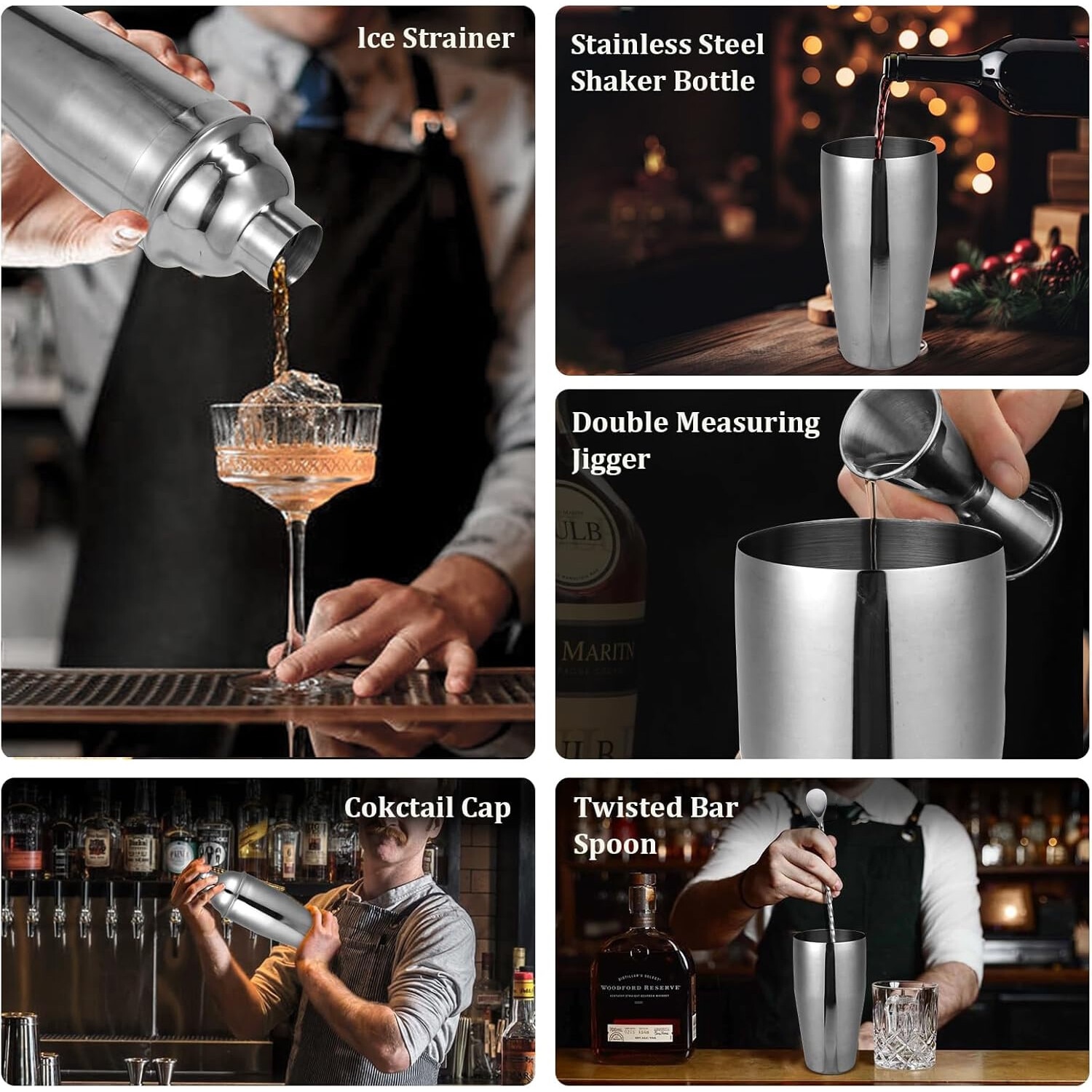 Set 7 ustensile de bar pentru cocktail, Puepoul, Shaker de 750 ml, Otel ...