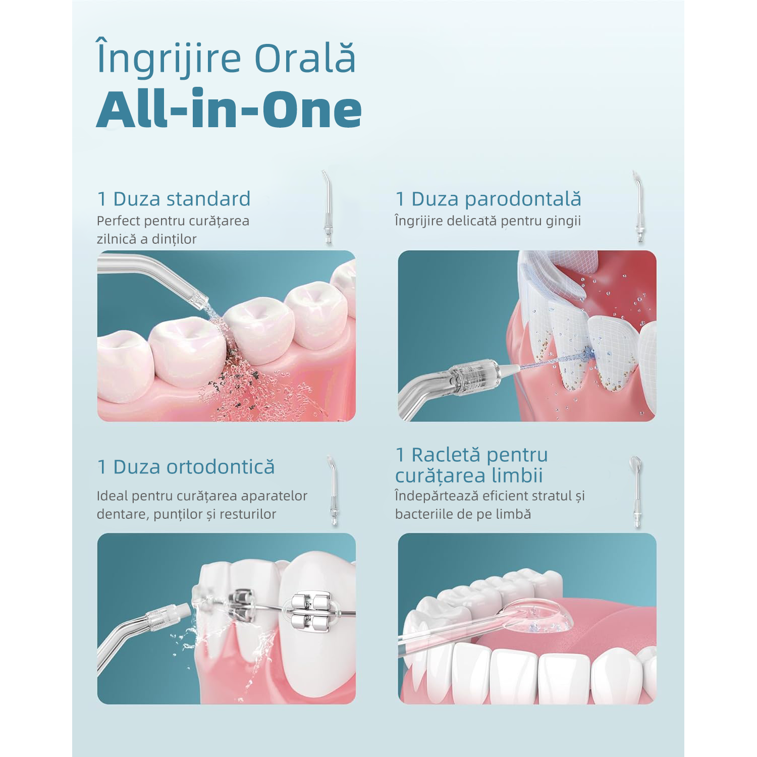 Irigator bucal, Qtenzivize, Profesional Pentru Dus Oral, 4 Capete, 3 moduri de operare, Rezervor ...