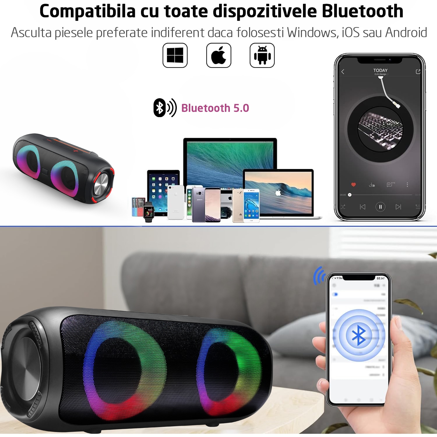 Boxa Portabila WowStep®, Bluetooth 5.0, 30W, 4000mAH, Lumini RGB ...