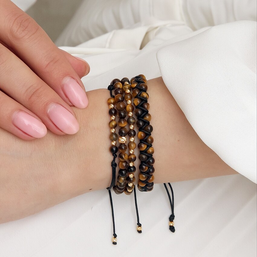 Set 2 bratari cu bile de Aur 14k, cristale semipretioase Ochi de tigru ...