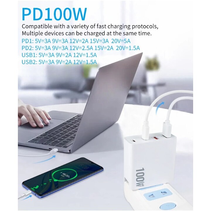 Incarcator retea rapid GaN 100W cu 2 porturi USB-C si 2 porturi USB-A ...