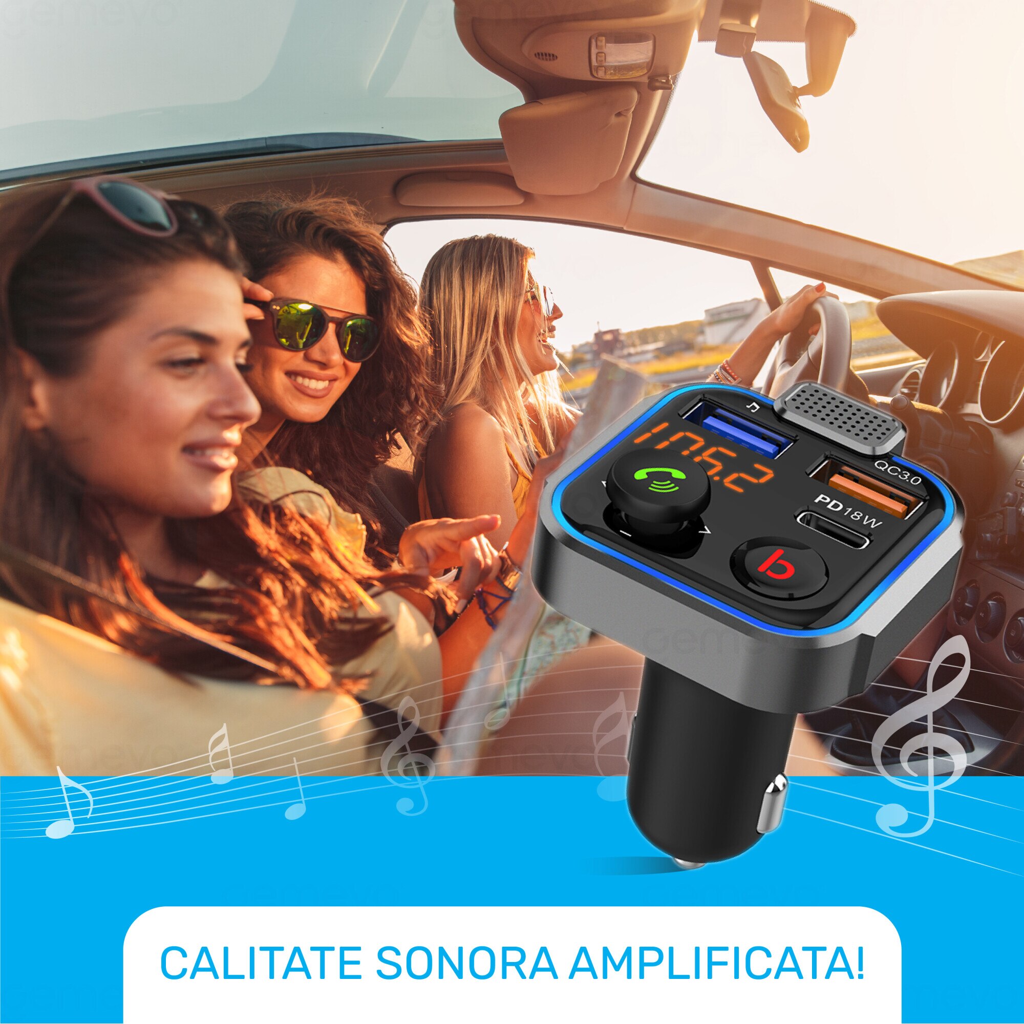 Modulator FM Gemevo® PRO, Bluetooth 5.0, Transmitator FM cu functie de ...